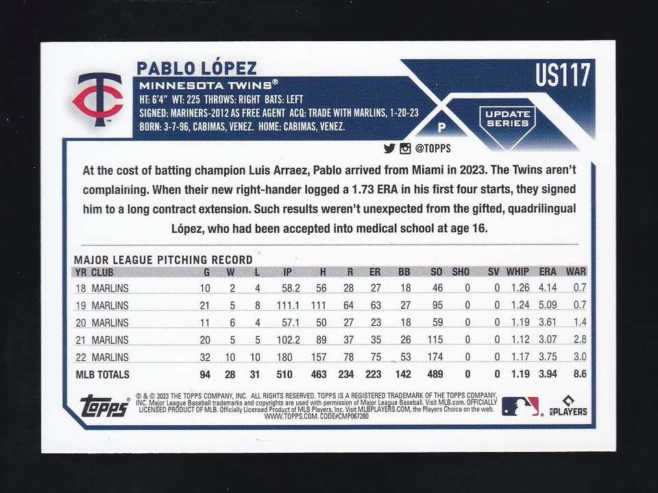 2023 Topps Update Series #US117 PABLO LOPEZ Minnesota Twins RAINBOW ...
