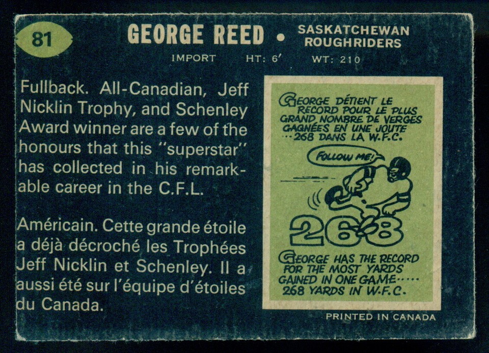 1970 OPC CFL FOOTBALL #81 GEORGE REED EX Saskatchewan Roughriders Card ...