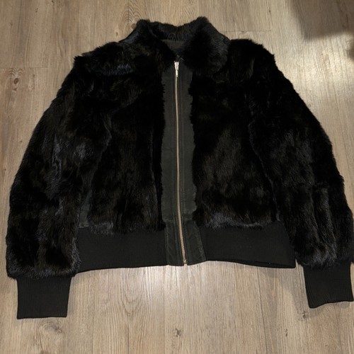 Vintage Black Rabbit Fur Bomber Coat Genuine Y2K Size XL Women Leather ...