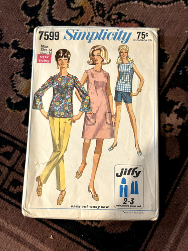 SIMPLICITY 7599 SZ 14 MISSES JIFFY DRESS OVERBLOUSE PANTS 60'S SEWING ...