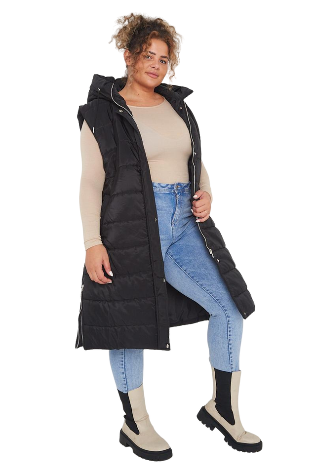 Ladies Women's Hooded Puffer Gilet Jacket Long A-Line Padded Coat Body ...