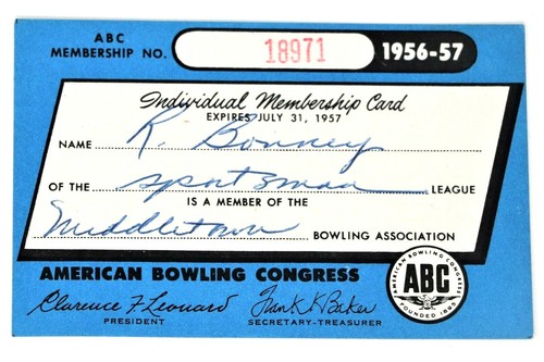 Vintage American Bowling Congress Individual Membership Card 1956-57 | eBay