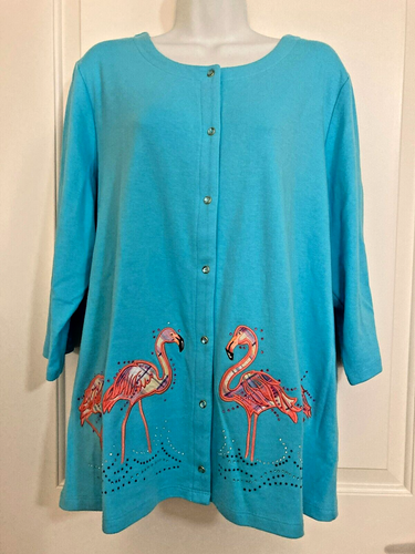 Quacker Factory Blue Top/Jacket Flamingos Beaded Size XL | eBay