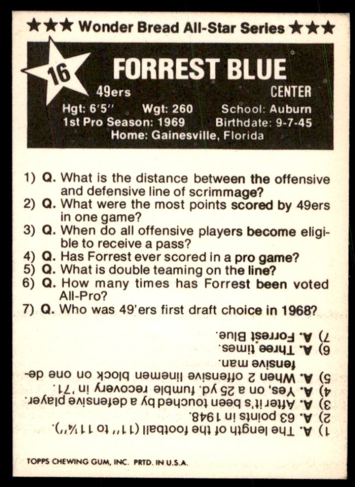 1975 WONDER BREAD FORREST BLUE SAN FRANCISCO 49ERS #16H | eBay