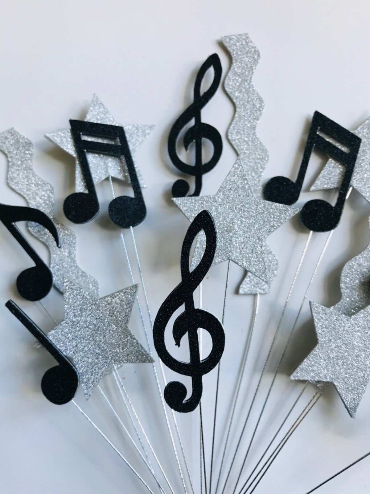 Glitter Sparkly Paper MUSIC NOTES CAKE TOPPER SPRAY BURST BLACK/SILVER ...