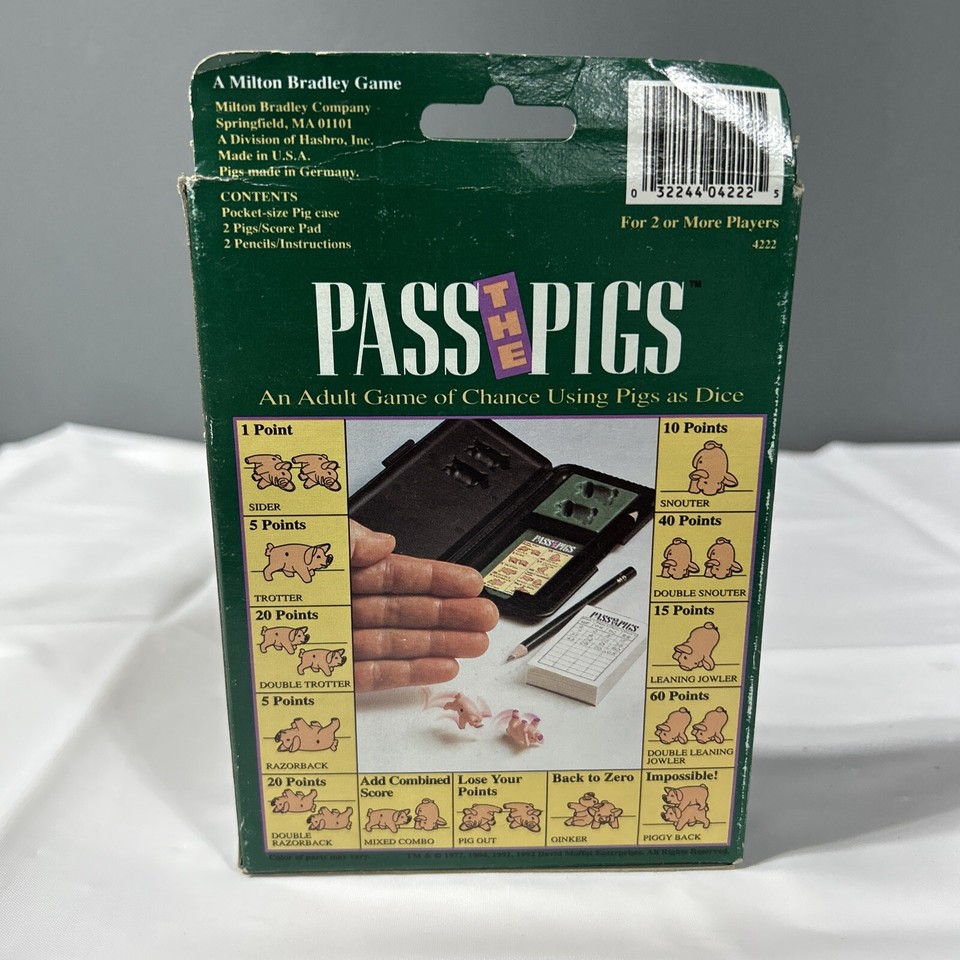 Milton Bradley 1992 Pass the Pigs Dice Game Box Pigs Case Pencil Paper ...
