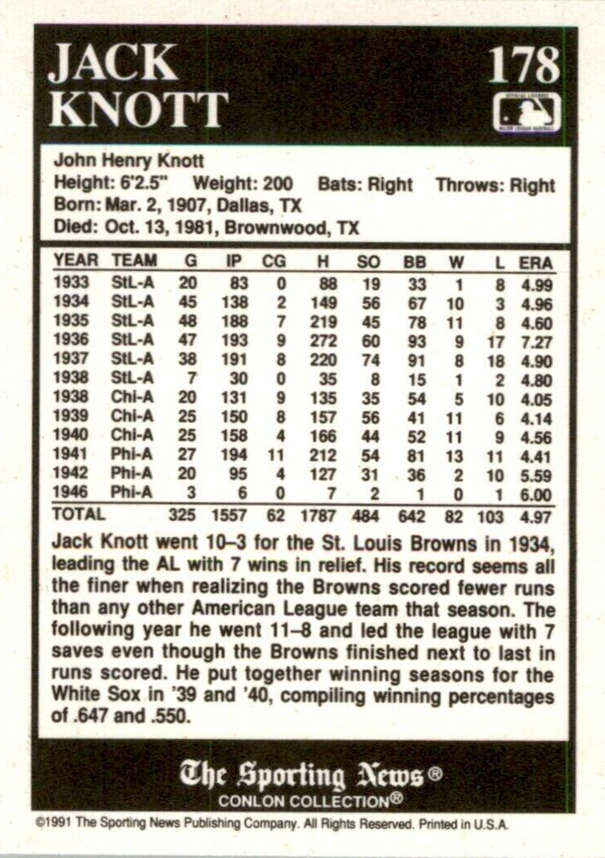 1991 Conlon Collection - The Sporting News - JACK KNOTT 😎 Trading Card ...