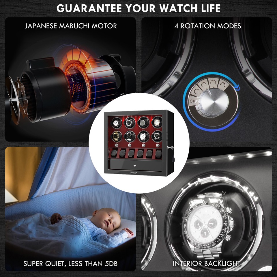Compact Automatic 8 Watch Winder With 6 Extra Watches Display Storage ...