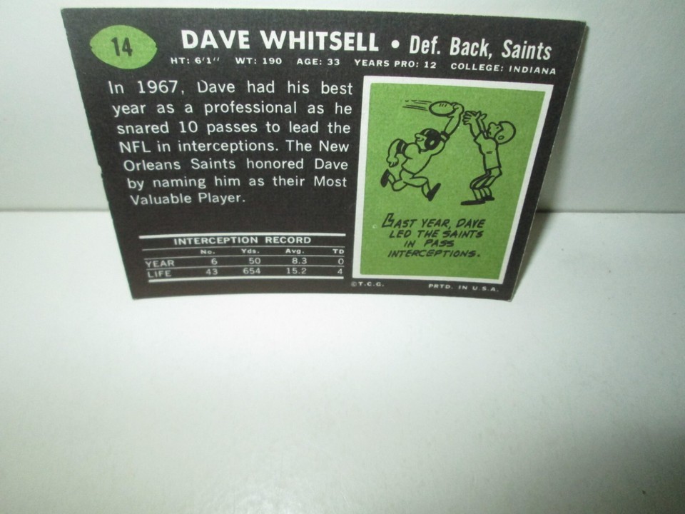 DAVE WHITSELL 1969 Vintage Topps Card #14 Hoosiers New Orleans Saints ...
