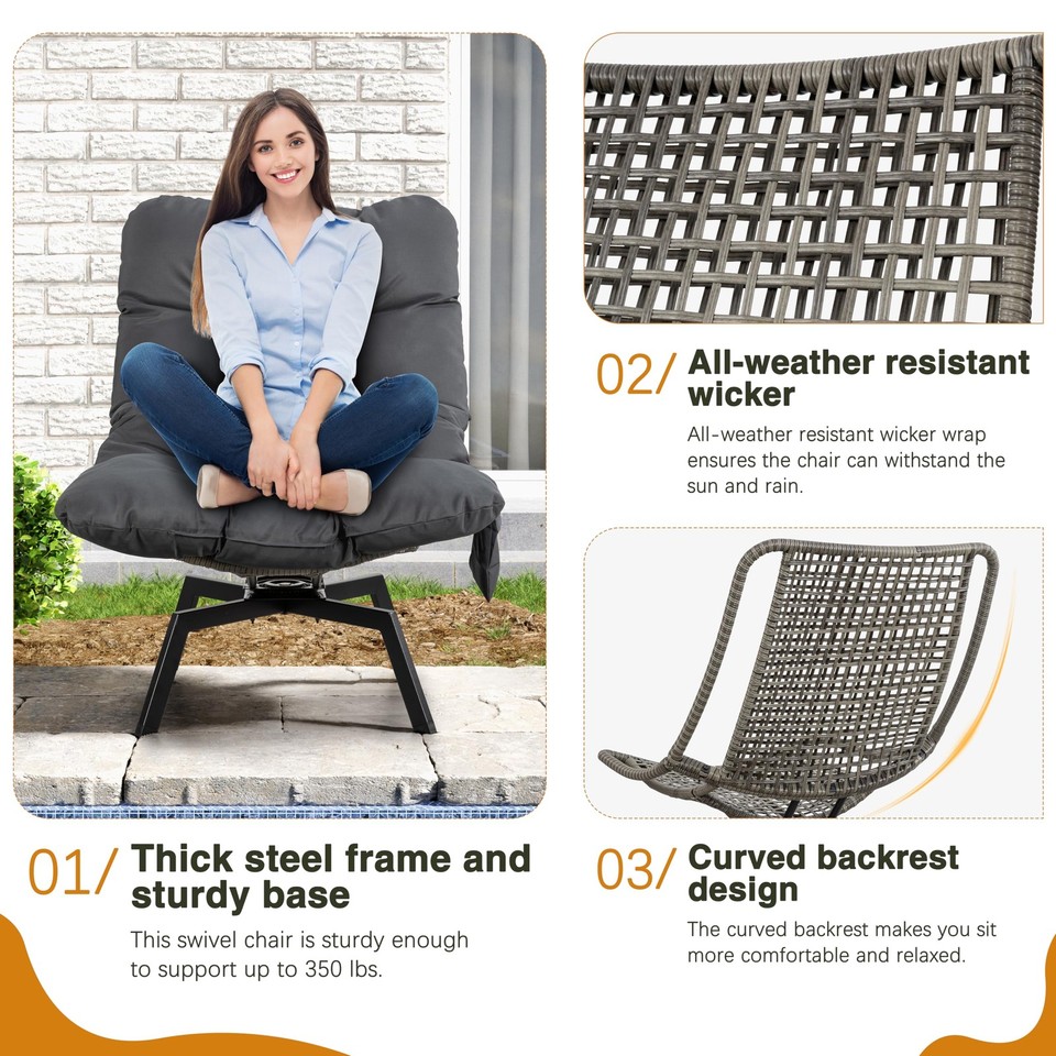 Outdoor Wicker Swivel Chair,Grey Rattan Patio Rotating Chair with ...