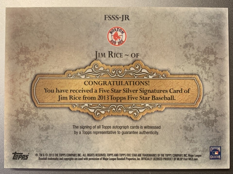 Jim RICE🔥2013 Topps Five Star Silver Signatures AUTO 5/5 NM Red Sox HOF ...