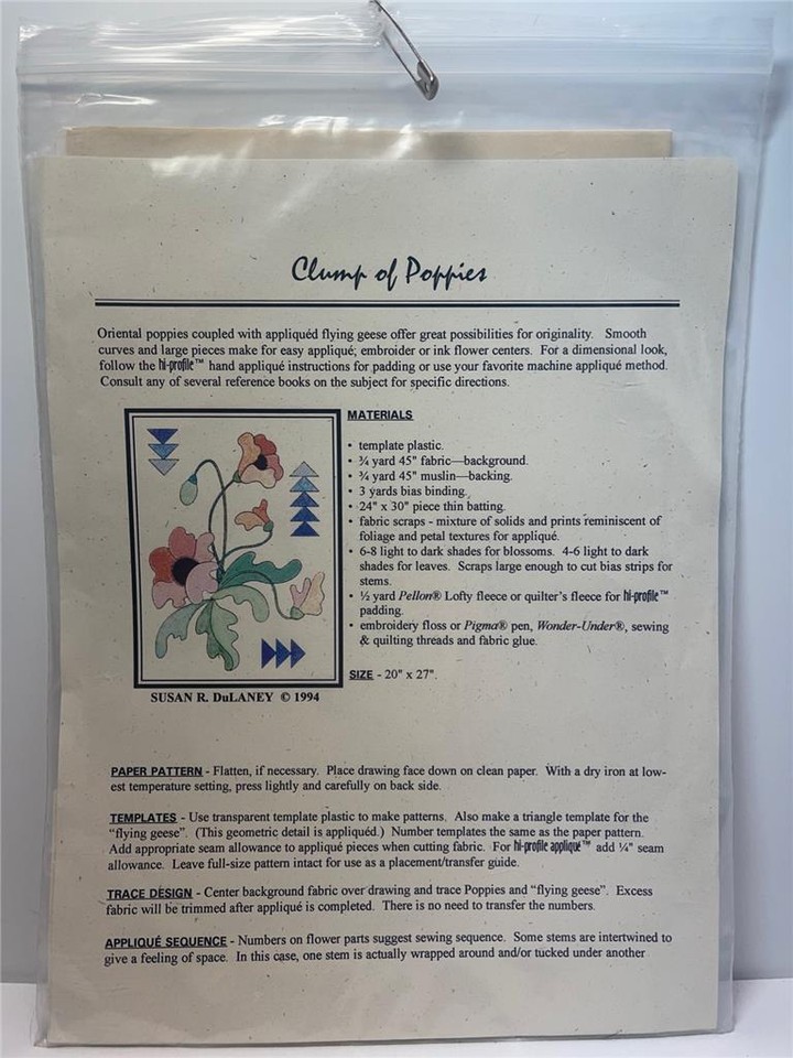 DISTINCTIVE DESIGNS Appliqu Quilt Pattern - CLUMP OF POPPIES 20" x 27 ...