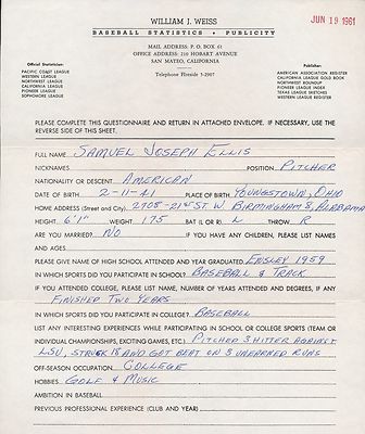 SAMMY ELLIS 1961 SIGNED PRINTED BASEBALL QUESTIONNAIRE PRE MLB | eBay
