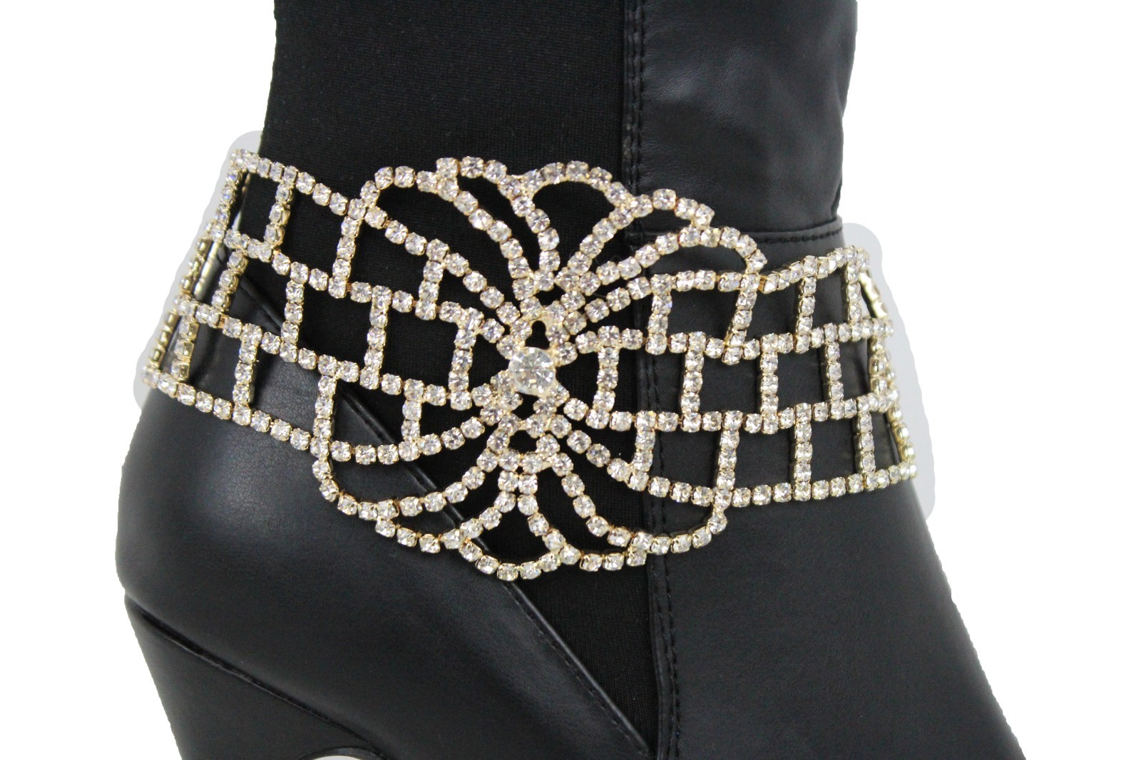 Women Fashion Gold Metal Chain Boot Bracelet Shoe Bling Floral Wide ...