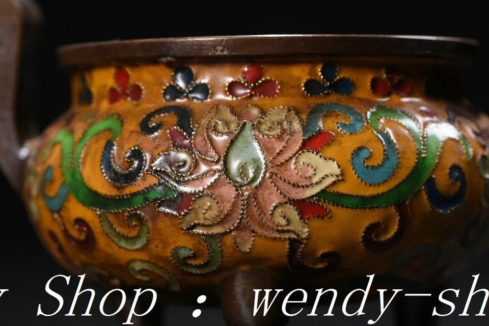 5" Xuande Marked Cloisonne Enamel Bronze Filigree 3 Leg Incense Burner ...
