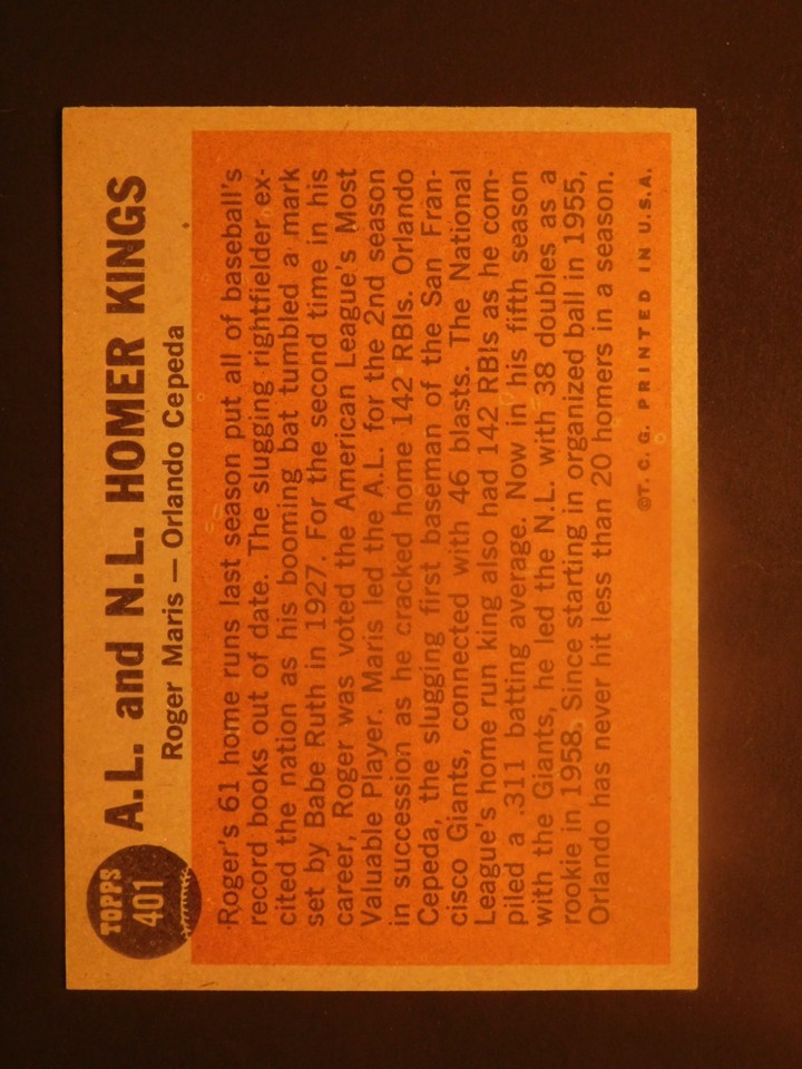 1962 Topps Baseball Card 401 AL & NL Homer Kings (NM) | eBay