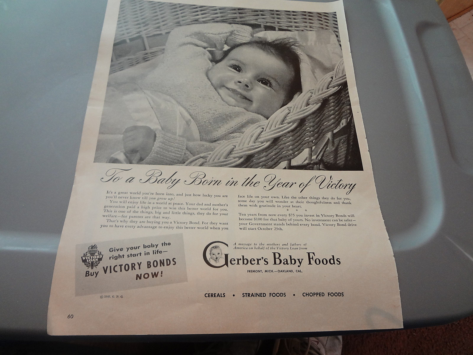 1945 Gerber's Baby Food Vintage Magazine Ad "To a Baby Born in the Year ...