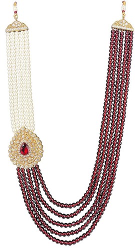 Indian traditional five layers pearl Moti Mala for Men white and maroon ...