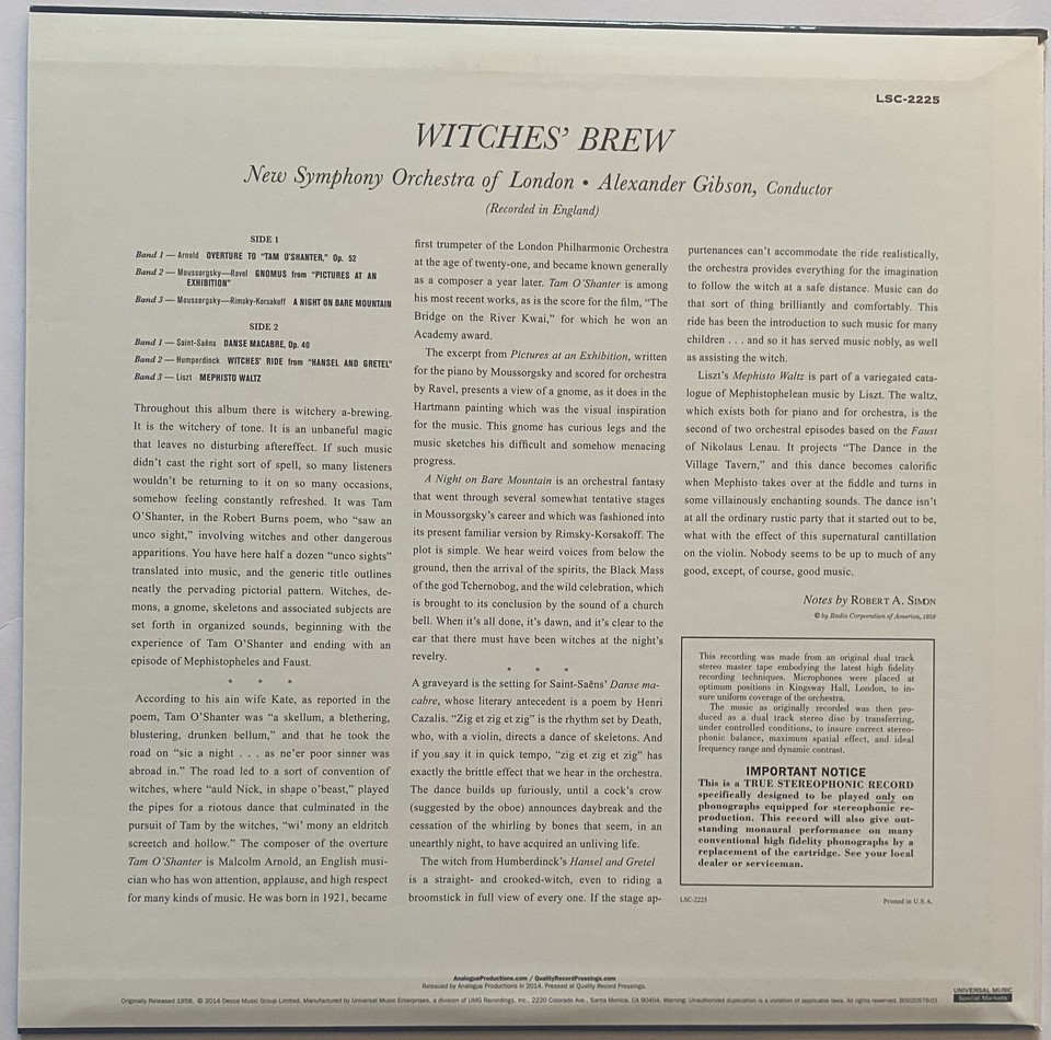 Analogue Productions Witches Brew Alexander Gibson Vinyl Record ...