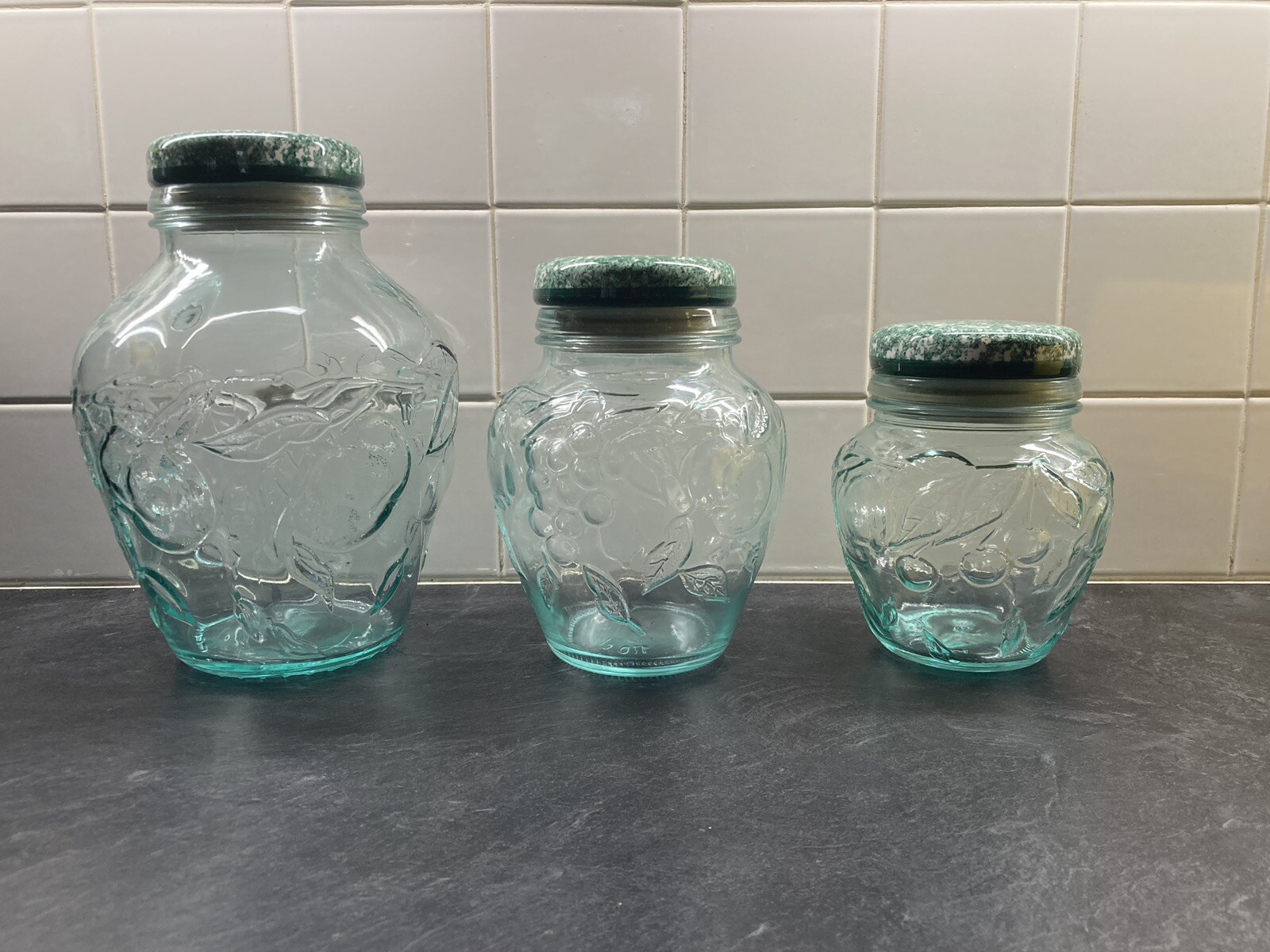 VINTAGE GLASS KITCHEN CANISTERS MADE IN ITALY WITH CEREMIC LIDS GREEN ...
