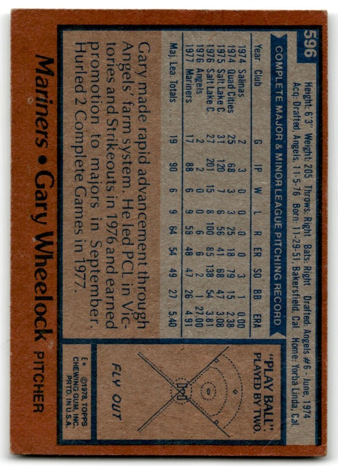 1978 TOPPS GARY WHEELOCK SEATTLE MARINERS #596 | eBay