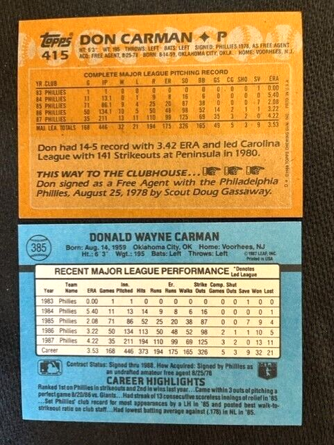 MLB - Don Carman 1988 Topps & 1988 Donruss Baseball - Phillies | eBay