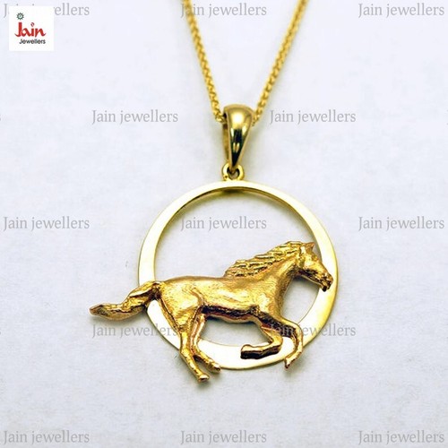 18 Kt Real Solid Yellow Gold Running Horse In Circlet Chain Necklace ...