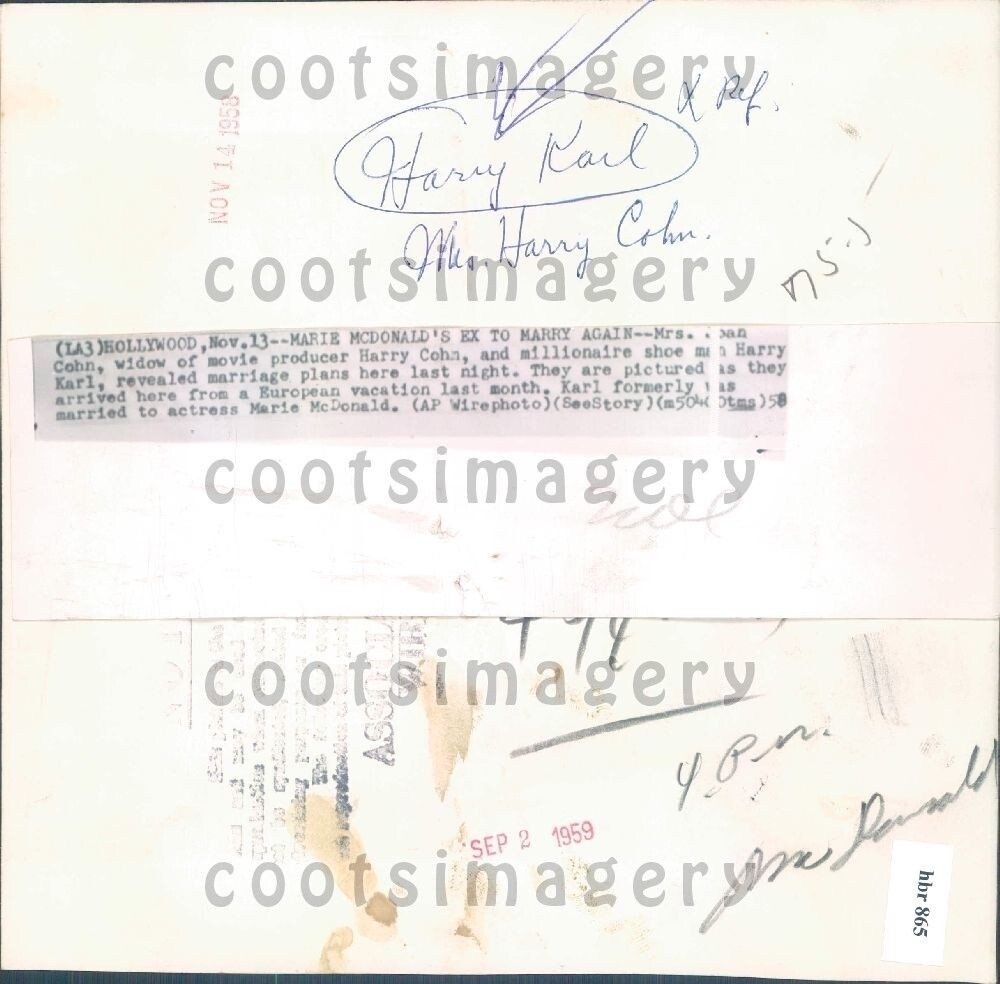 1958 Wire Photo Actress Joan Perry Cohn With Shoe Magnate Harry Karl | eBay