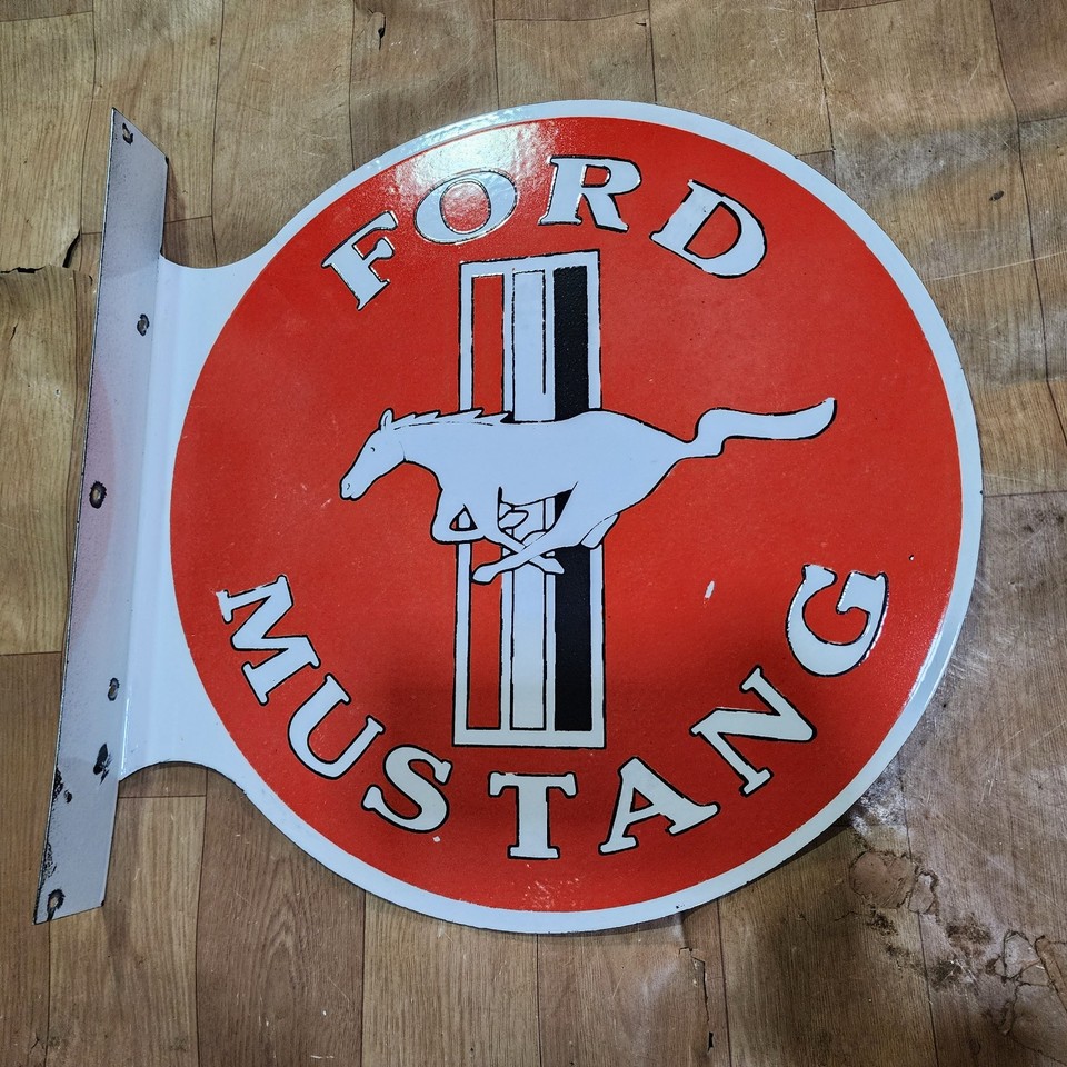 FORD MUSTANG FLANGE 2-SIDED PORCELAIN ENAMEL SIGN 17.5 X 17 INCHES ...