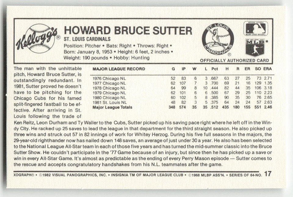 1982 Kellogg's 3-D Super Stars #17 Bruce Sutter BASEBALL St. Louis ...