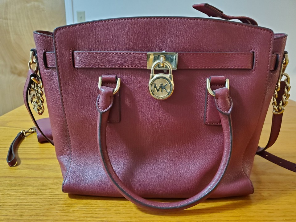 Michael Kors Hamilton Large Satchel Pebbled Burgundy Leather Crossbody ...