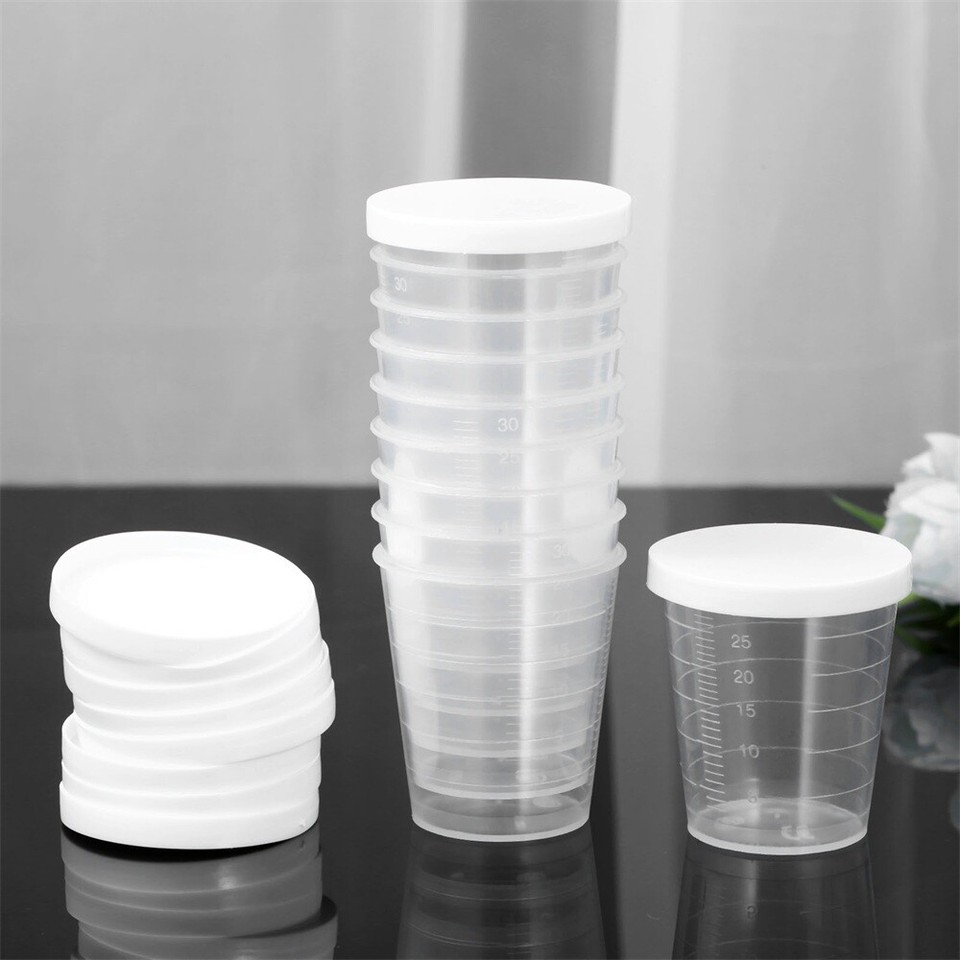 10Pcs 30ml Clear Plastic Lab Test Liquid Measuring Cup with Cap Sample ...