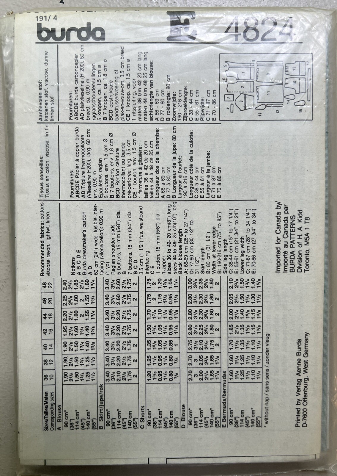 Burda Sewing Pattern 4824 Super Combo Wardrobe Skirt Tops Shorts Jacket ...