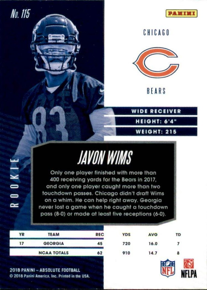 2018 Panini Absolute Rookie #115 Javon Wims Chicago Bears | eBay