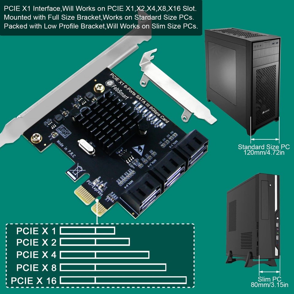 NEW PCIE 3.0 X1 SATA III 6Gbps 6 Port Expansion Card ASMedia ASM1166 ...