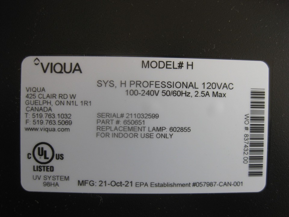 VIQUA 650651 H UV System, 45 GPM 120VAC 100-240V - New in Box! | eBay