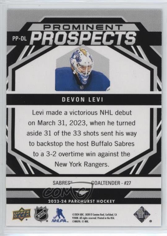 2023-24 Upper Deck Parkhurst Prominent Prospects Blue /25 Devon Levi Rookie RC | eBay