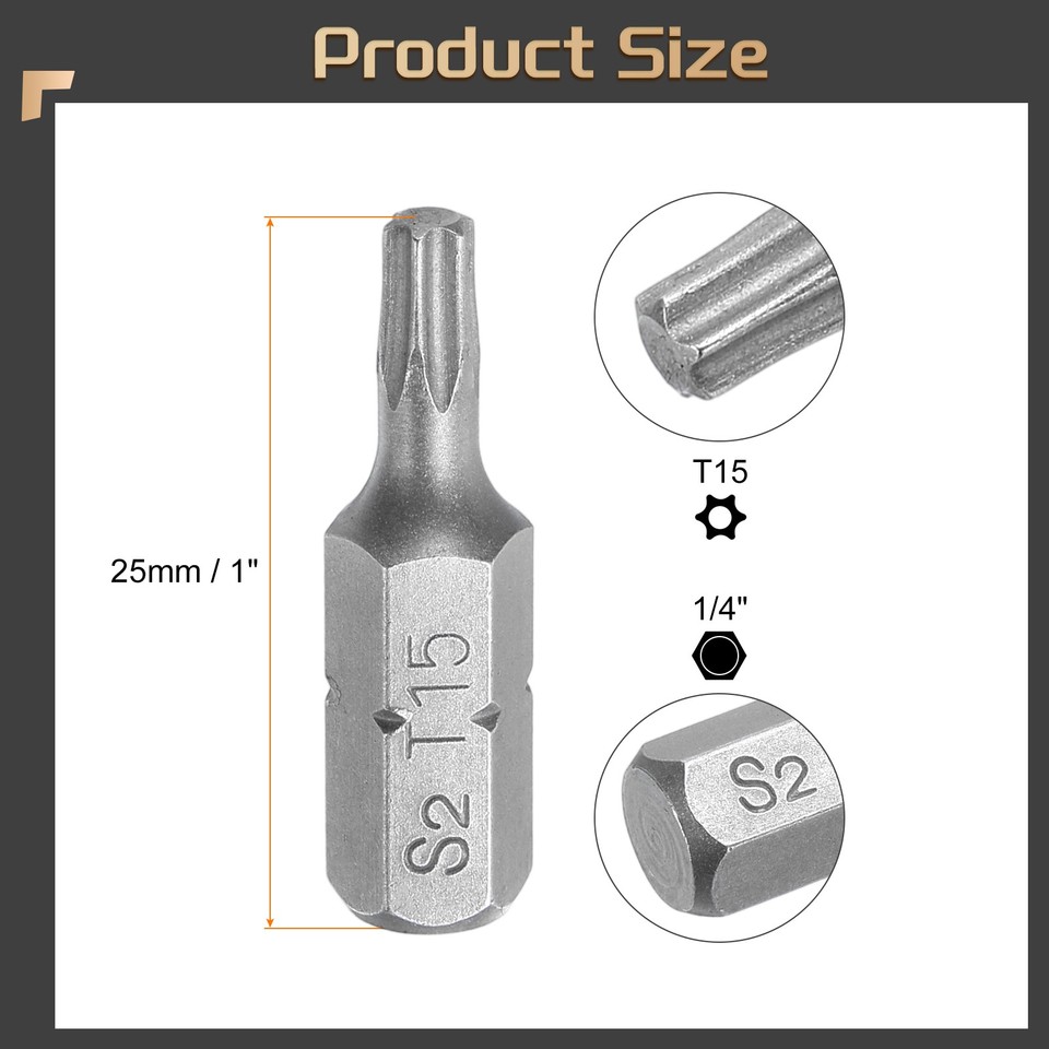 5pcs 1/4" Hex Shank T15 Head Magnetic 1" Length S2 Torx Screwdriver Bit ...