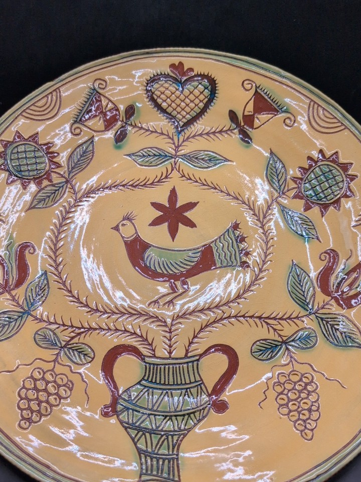 Primative Folk Art Large Redware Pottery Dish By Jeff White 11.5" Bird ...