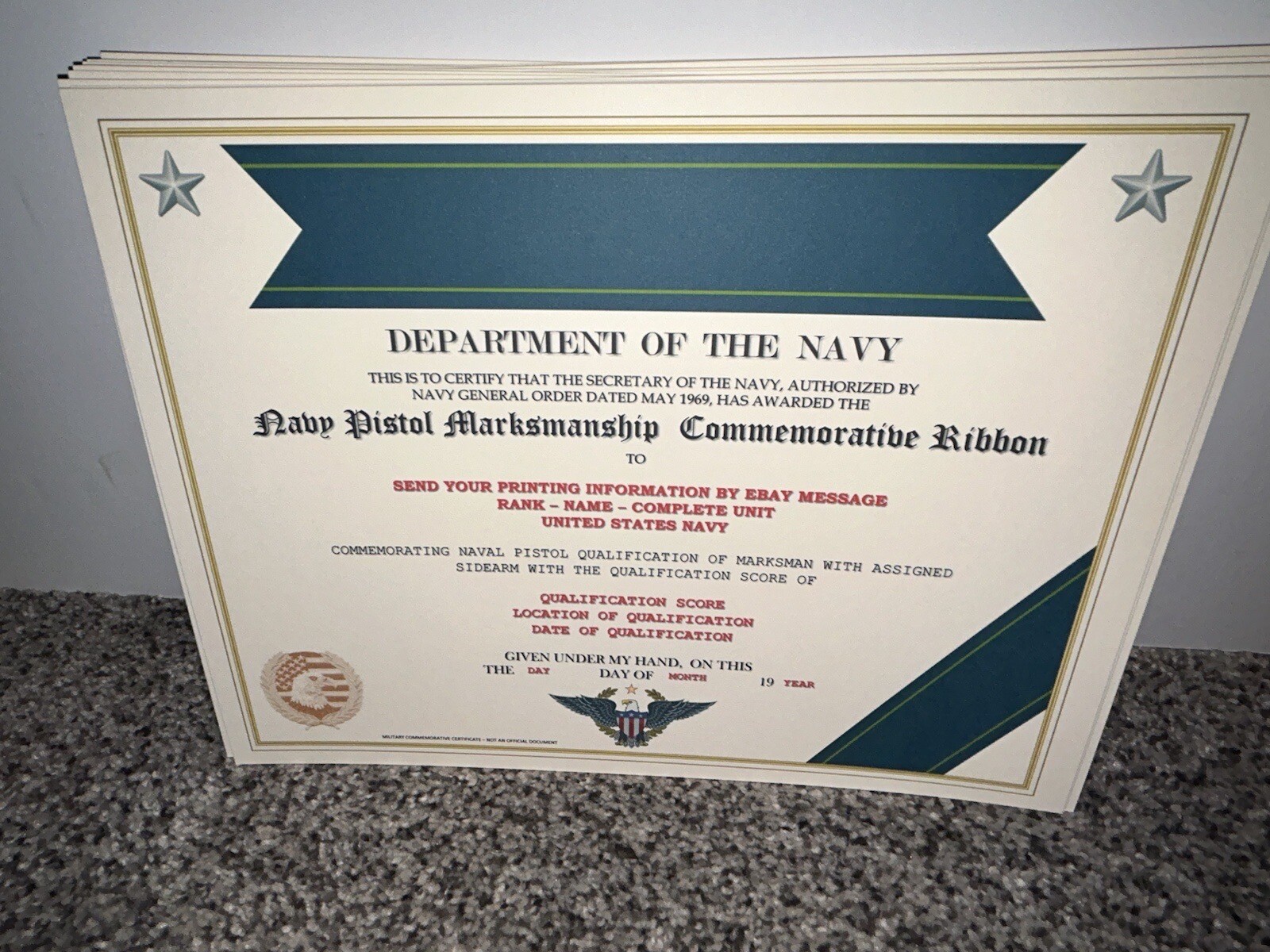 U.S. NAVY - PISTOL MARKSMAN RIBBON COMMEMORATIVE CERTIFICATE ~ W ...
