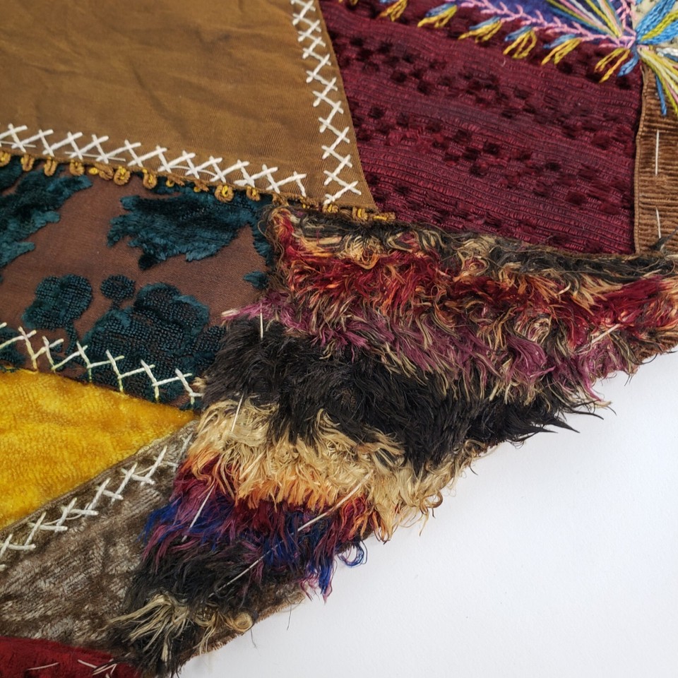 Antique Crazy Quilt 11" Square Block Flannel Backing Velvet Satin ...