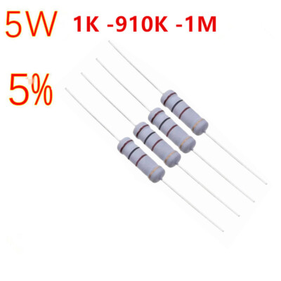10Pcs 5W 5 Watt Carbon Film Resistor ±5% 1K -910K Ω Ohm 1 K - 910 K-1M ...