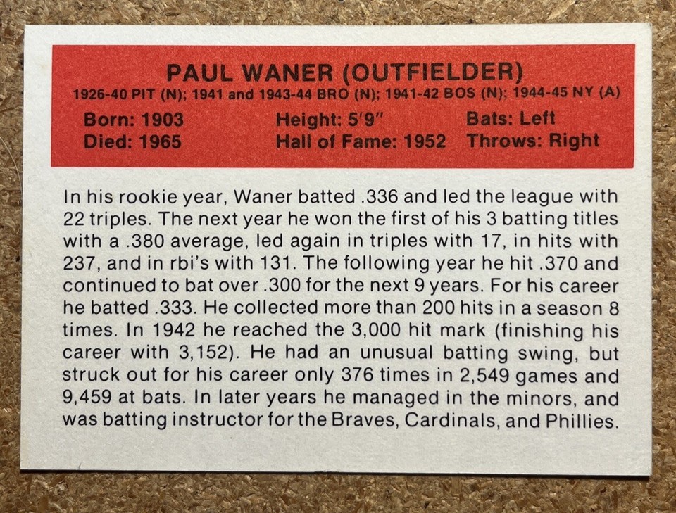 1987 Hygrade All-Time Greats Paul Waner Pittsburgh Pirates | eBay