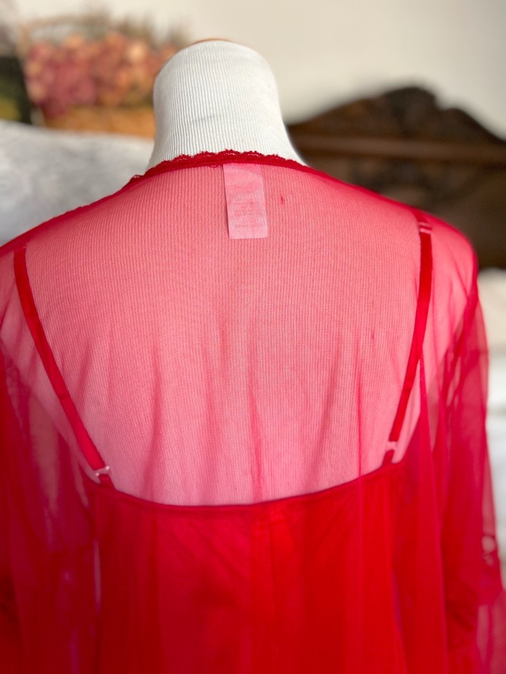 Vintage Red Peignoir Set, Sheer Nylon Robe & Nightgown, Lace Underwire ...