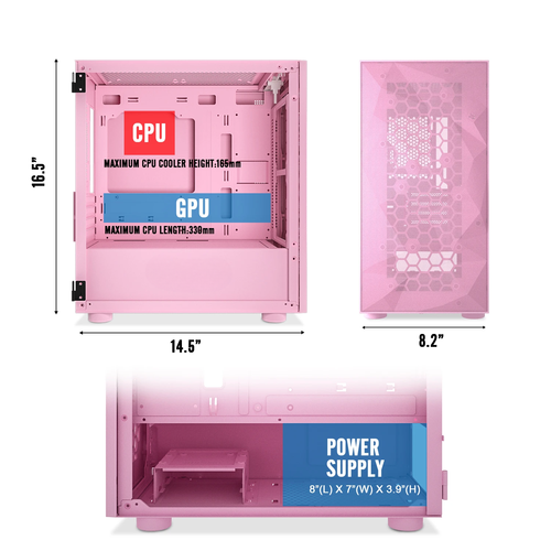 mATX Gaming PC Case - Pink Mesh Computer Case with Tempered Glass Panel ...