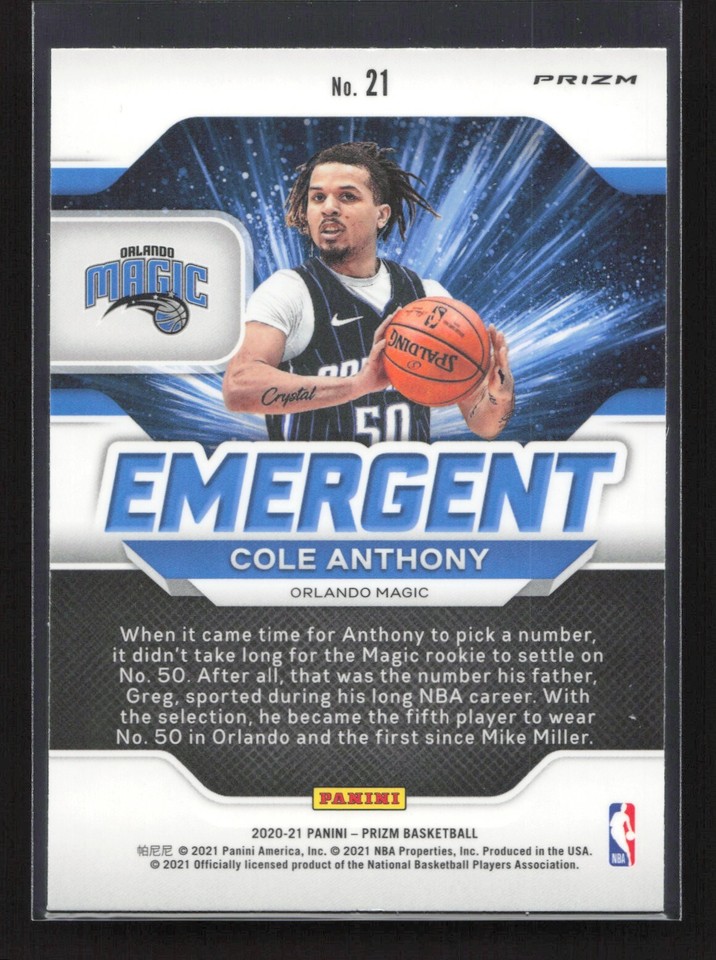 2020-21 Panini Prizm Emergent Silver Prizm Cole Anthony RC #21 Orlando ...
