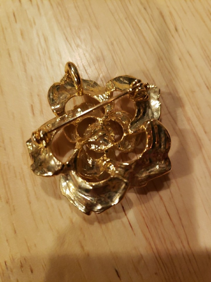 Rose Flower Small Pin Brooch Jewelry Gold Rhinestone Jewels Vintage ...