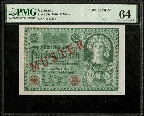 GERMANY - Germany, 50 Mark Specimen Pattern 1920 Pick 68s PMG Unc 64 ...