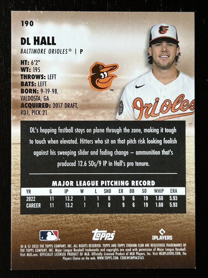 2023 Stadium Club DL Hall #190 Rookie RC Baltimore Orioles Baseball ...