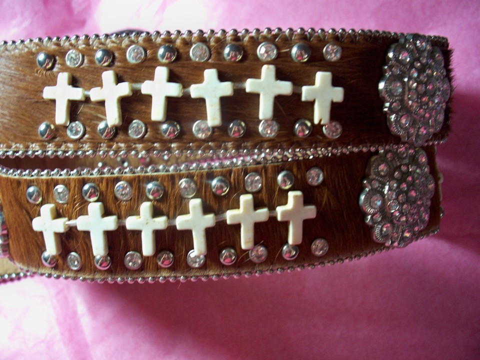 XS S M L Brown LEATHER HAIR Rossette Bone Cross WESTERN CowBOY GIRL ...